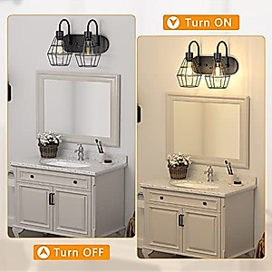 Elibbren Bathroom Vanity Light Fixtures, 2-Light Bathroom Lighting Fixtures Over Mirror with Cage, E26 Base Black Farmhouse Wall Sconces for Bedroom Living Room, UL Listed