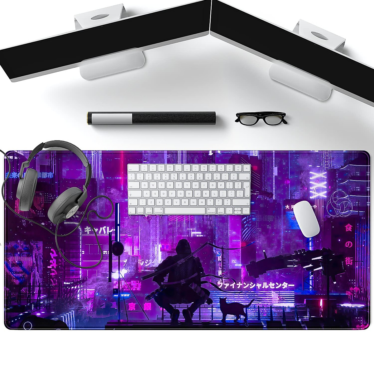 Anime Neon Mouse Pad Purple City Gaming Desk Big Cute Kawaii Pink Extended Mouse Pad Gaming,Office Keyboard Pc Laptop Mousepad Large 31.5x15.7 in-with Stitched Eges Non-Slip Base Mouse Pads Mat