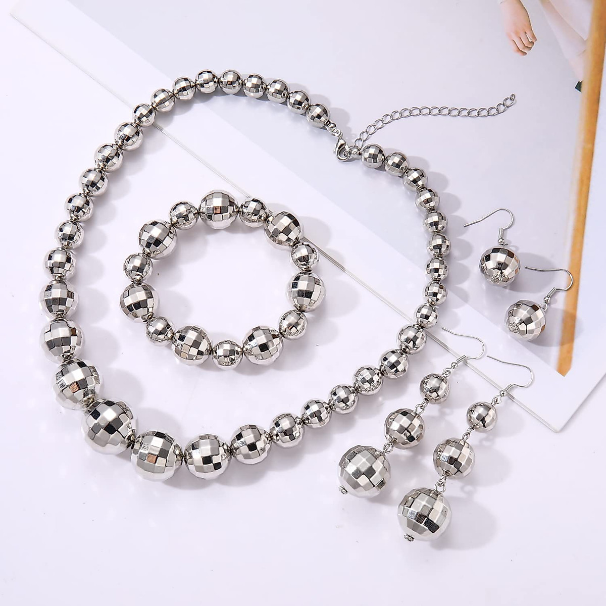 Disco Ball Earrings, Necklace & Bracelet Set - Gold & Silver Hook Dangle Earrings, Stretch Bracelet, Statement Necklace - Party Favor Gift (Silver Disco Ball Jewelry Set)