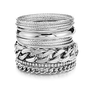 Ensoul Shiny Silver Color Multiple Textured Metal Bracelets & Bangles Set 14Pcs/Set W/Rhinestones