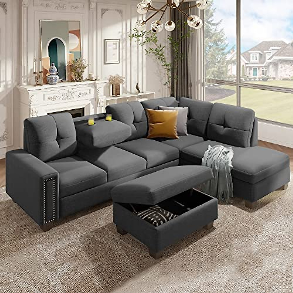 UBGO Living Room Furniture Sets,108" Reversible Sectional, L-shape Couch with Ottoman&Extra Wide Chaise Longue,Upholstered Modular Sofa with Two Cup Holders,for Large Space Apartments-Gray, Grey D