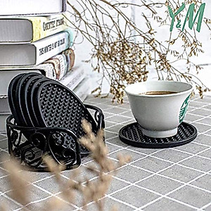 Set of 6 Drink Coasters with Metal Holder, Y&M Drink Coasters - Absorbs Moisture and Prevents Table Damage, Modern Black Silicone Coaster with Non-Slip Bottom for Drinking Glasses Gifts (Black)