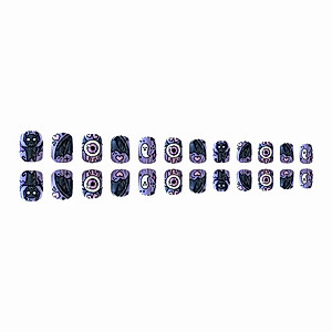 GGDECA Halloween Square Fake Nails Short Press on Nails Purple Glue on Nails Bat Ghost Love Eyeball Halloween Designs False Nails Acrylic Glossy Nails for Women Halloween Halloween Manicure Art 24Pcs