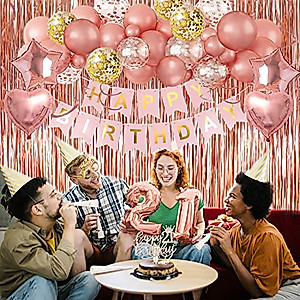 21st Birthday Decorations for Her, Happy Birthday Banner, Rose Gold Fringe Curtain, Heart Star Foil Confetti Balloons, Hanging Swirls for Women Girls 21st Rosegold Birthday Party Supplies