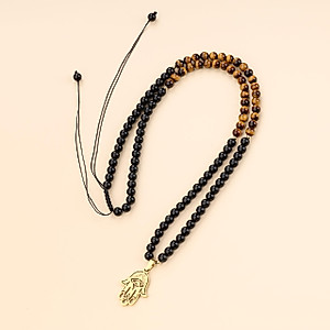 COAI Hamsa Hand Black Obsidian Tiger Eye Stone Beaded 108 Mala Necklace