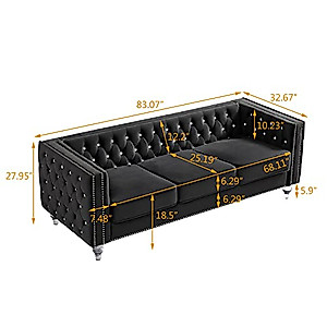 mikibama Velvet Sofa Couch 83 Inch Long Modern Sofa with Acrylic Legs and 2 Pillows, Jeweled Buttons Tufted Couch Modern Decor Furniture for Living Room, Bedroom (Black)