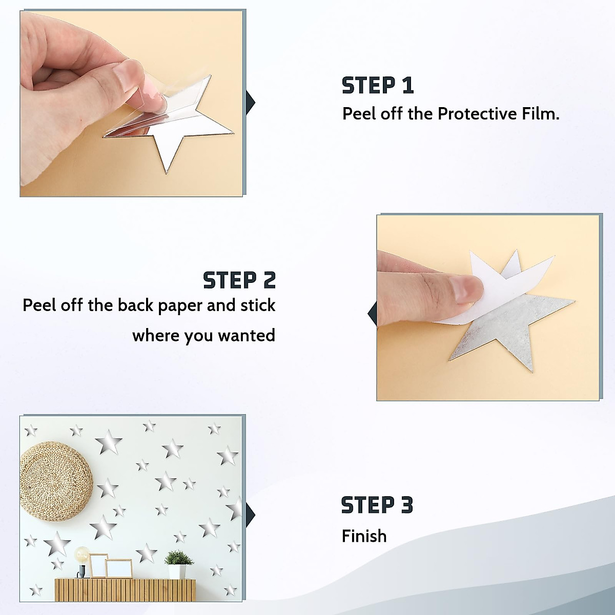 Dimeho 40 Pcs Silver Stars Mirror Wall Stickers, 3D Acrylic Mirror Wall Decorations for Living Room Removable Stars Stickers Art Decal for Bedroom Wedding Birthday DIY Wall Decor (Silver)