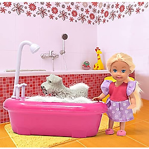 Gift Boutique 4.5 Inch Mini Small Doll with Bathtub Toy Set, Miniature Fashion Doll with Blond Hair and Little Puppy for Toddlers Kids Girls Age 3 4 5 6 7 8 Year Old