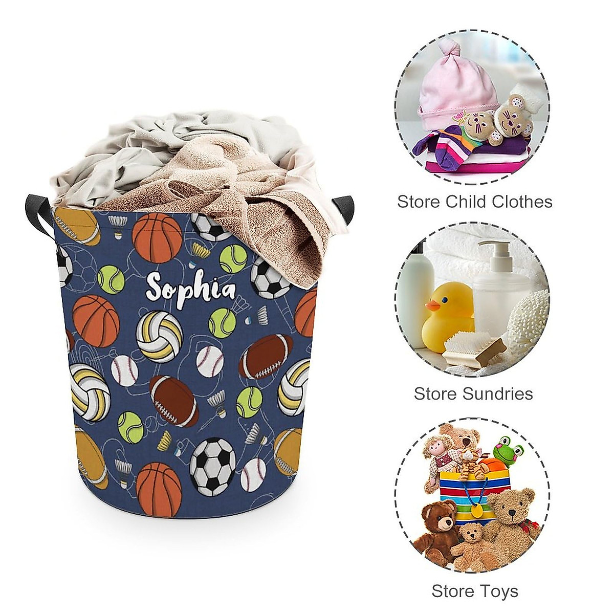 Personalized Sport Basketball Laundry Baskets With Handles Customize Baby Name Laundry Hamper For Kids Boys Girls Adults, Dirty Clothes Storage Basket For Bedroom Bathroom