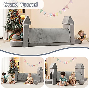 AiWMGL Nugget Couch Kids Grey with Crawl Tunnel Convertible Play Mat, Modular Play Couch for Toddlers 1-3, Kids Couch Building Fort 1-10 Years, Floor Soft Foam Sofa for Toddler
