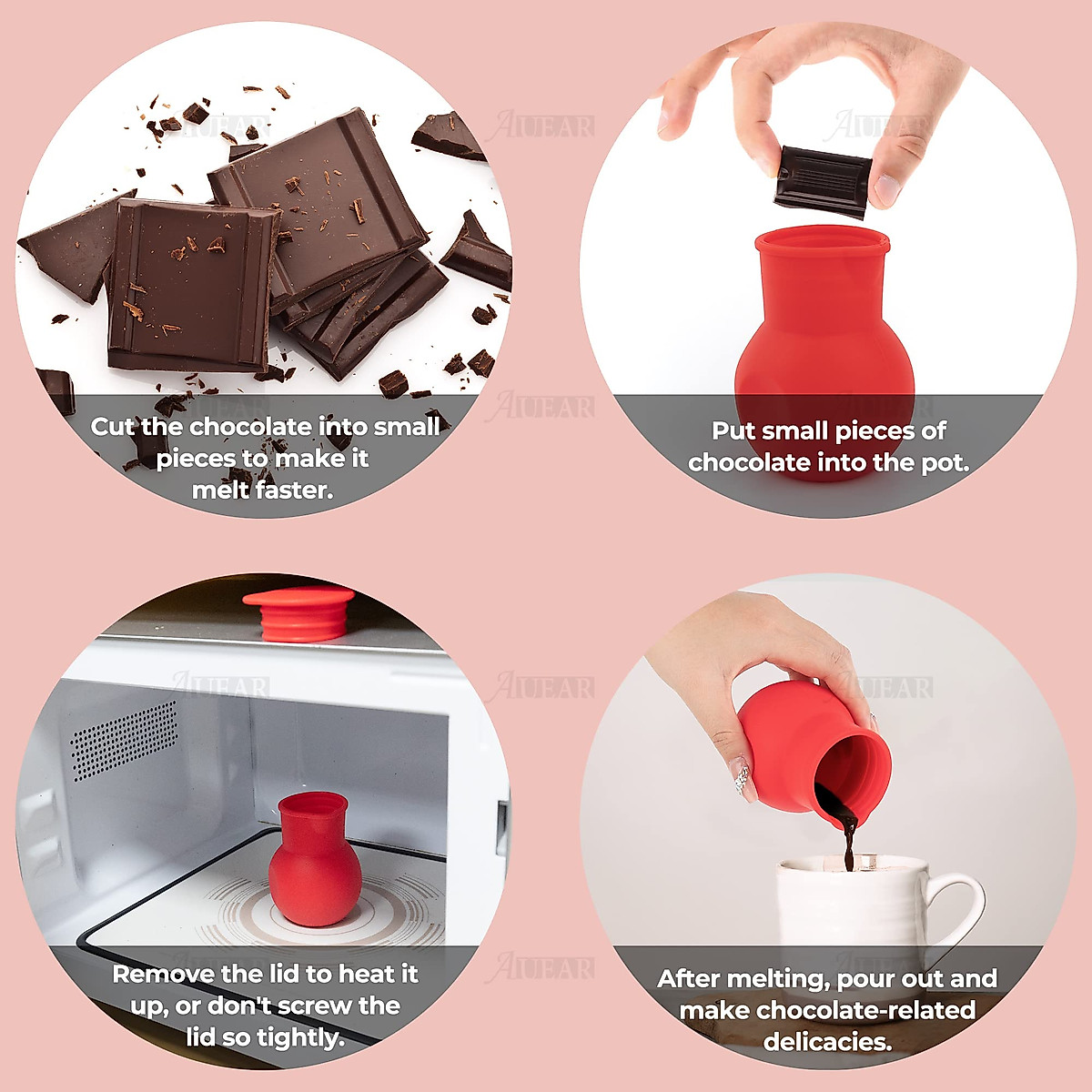 AUEAR, Set of 3 Silicone Melting Pot Chocolate Melt Pot Mold Red Microwave Butter Melter for Kitchen Baking Heat Milk Sauce