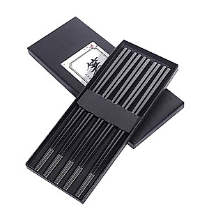 Metal Chopsticks Reusable Titanium Plated Stainless Steel Chopsticks Japanese Korean Chopsticks for Food & Cooking 9.5Inch Non-Slip for Beginners Square Laser Chopsticks 5 pairs Gift Set