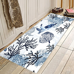Coastal Beach Runner Rug for Hallway 2x6 Decorative Coral Sea Turtle Hallway Rugs Nautical Throw Rug Navy Blue Area Rug Non-Slip Floor Carpet for Bedroom Living Room Entrance Door Mat Washable Rug