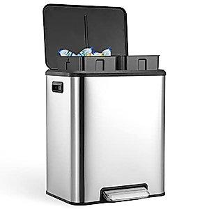 GlowSol Dual Trash Can for Recycling and Trash, 2 x 4 Gallon (30L) Stainless Steel Kitchen Trash Can with Lid and Foot Pedal, Double Compartment Garbage Can, Trash Can with Recycling Bin