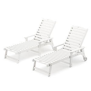 LUE BONA Outdoor Chaise Lounge Chairs Set of 2, HDPS Material, 3-Year Warranty, Patio Lounge Chair with Adjustable Backrest, Resin Pool Lounge Chairs with Wheels for Outside, Poolside, Beach, White