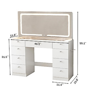 Alorksi Glass Top Makeup with Multiple Storage Space, Makeup Furniture with Power Outlet & LED Lights, 3 Lighting Modes Adjustable Brightness for Dressing Room, White