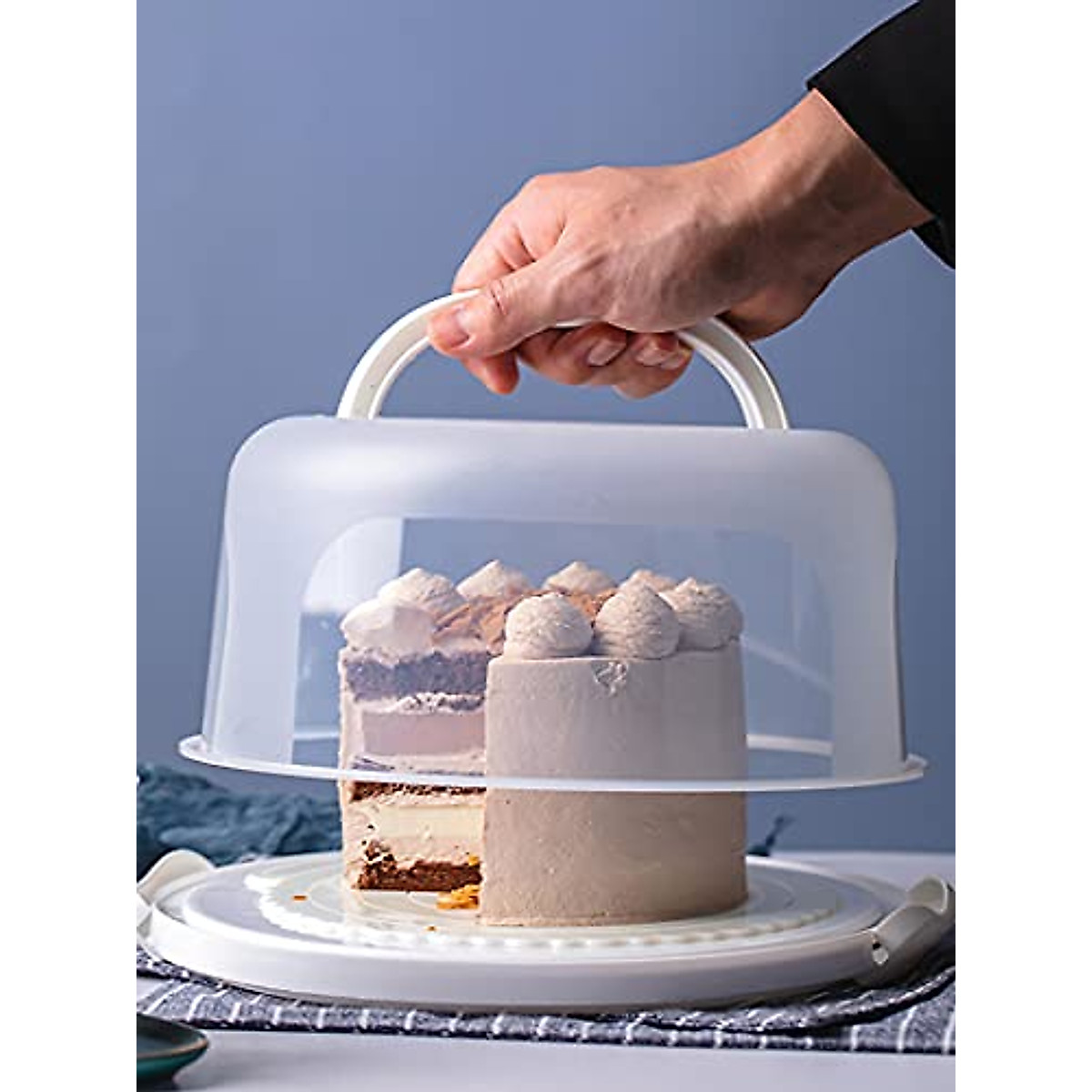 Yesland Cake Carrier with Collapsible Handle - White Cake Container and Holder with Lid - Portable Plastic Round Cake Cover for 10 inch Cake, Pies, Cookies, Nuts, Muffins, Cupcakes and Fruit