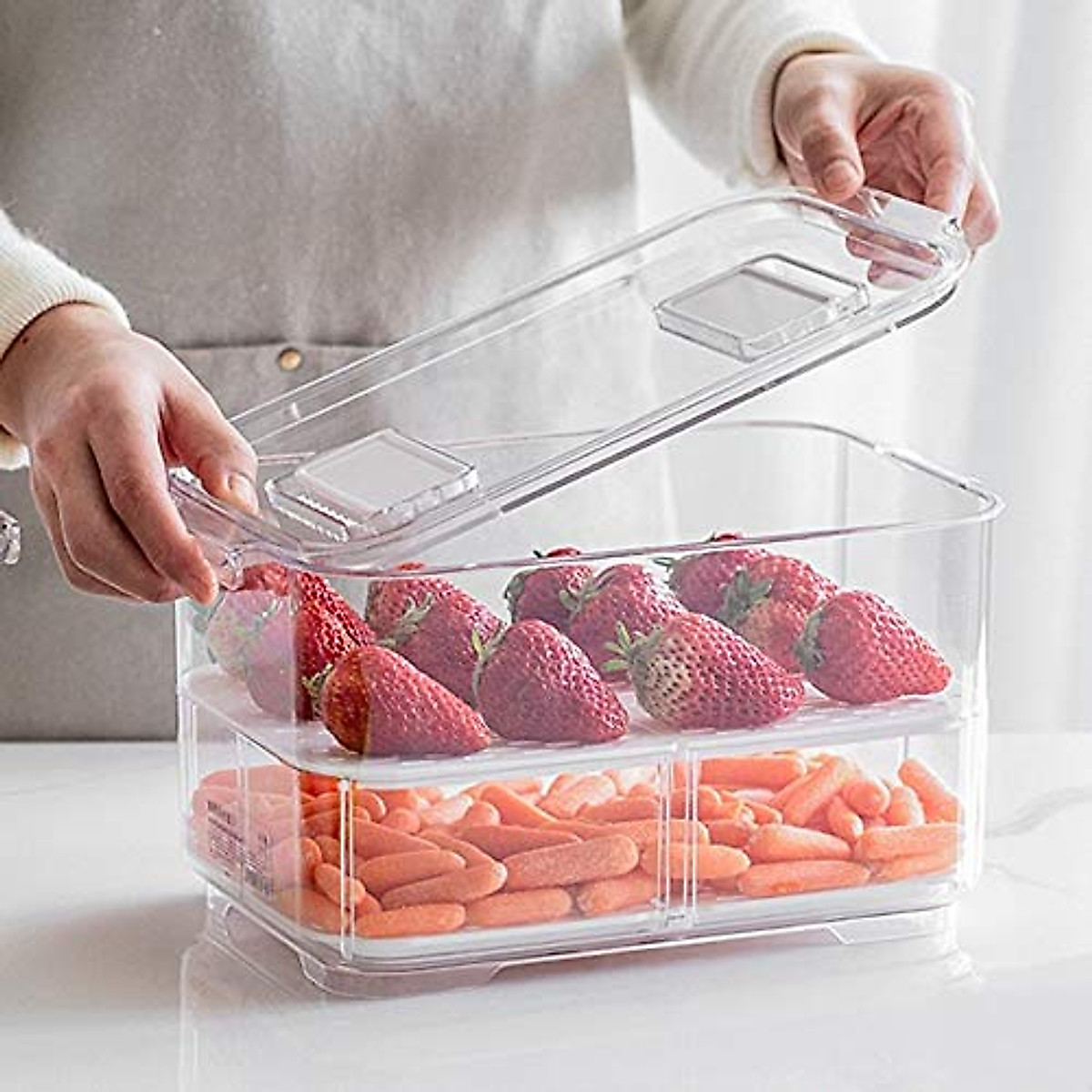 SANNO Fridge Food Storage Containers Produce Saver FreshWorks Produce Food Storage Container Bin Stackable Refrigerator Kitchen Organizer Keeper, with Removable Drain Tray to Keep Fresh