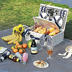 HYBDAMAI Willow Picnic Basket Set for 4 Persons with Waterproof Picnic Blanket, Wicker Picnic Basket for Camping, Outdoors, Valentine's Day, Christmas, Thanksgiving, Birthday
