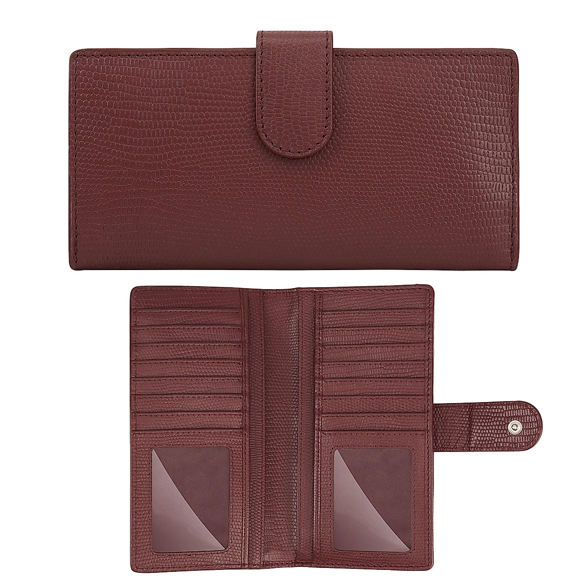 BOTANNER Genuine Leather Womens Clutch Wallet with Tab RFID Blocking 14 Credit Card Slots 2 ID Windows 4 Bill Sections Zipped Section for Coins | Oxblood (Gift for Her)