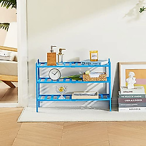 Quiqear Bamboo Shoe Rack, 3 Tier Shoe Rack Organizer, Stackable & Durable Shoe Shelf Holder, Free Standing Shoe Racks, Shoe Storage Organizer for Entryway, Closet, Hallway, 27.2*11*18.3inch (Blue)