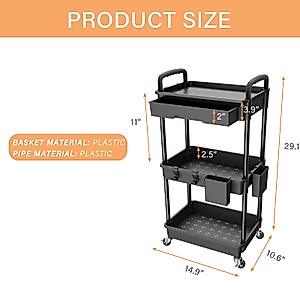 3 Tier Rolling Utility Cart with Drawer,REBECAT Utility Cart Made of Multifunctional Storage Organizer Tool for Kitchen,Bathroom,Living Room,Office(Black)