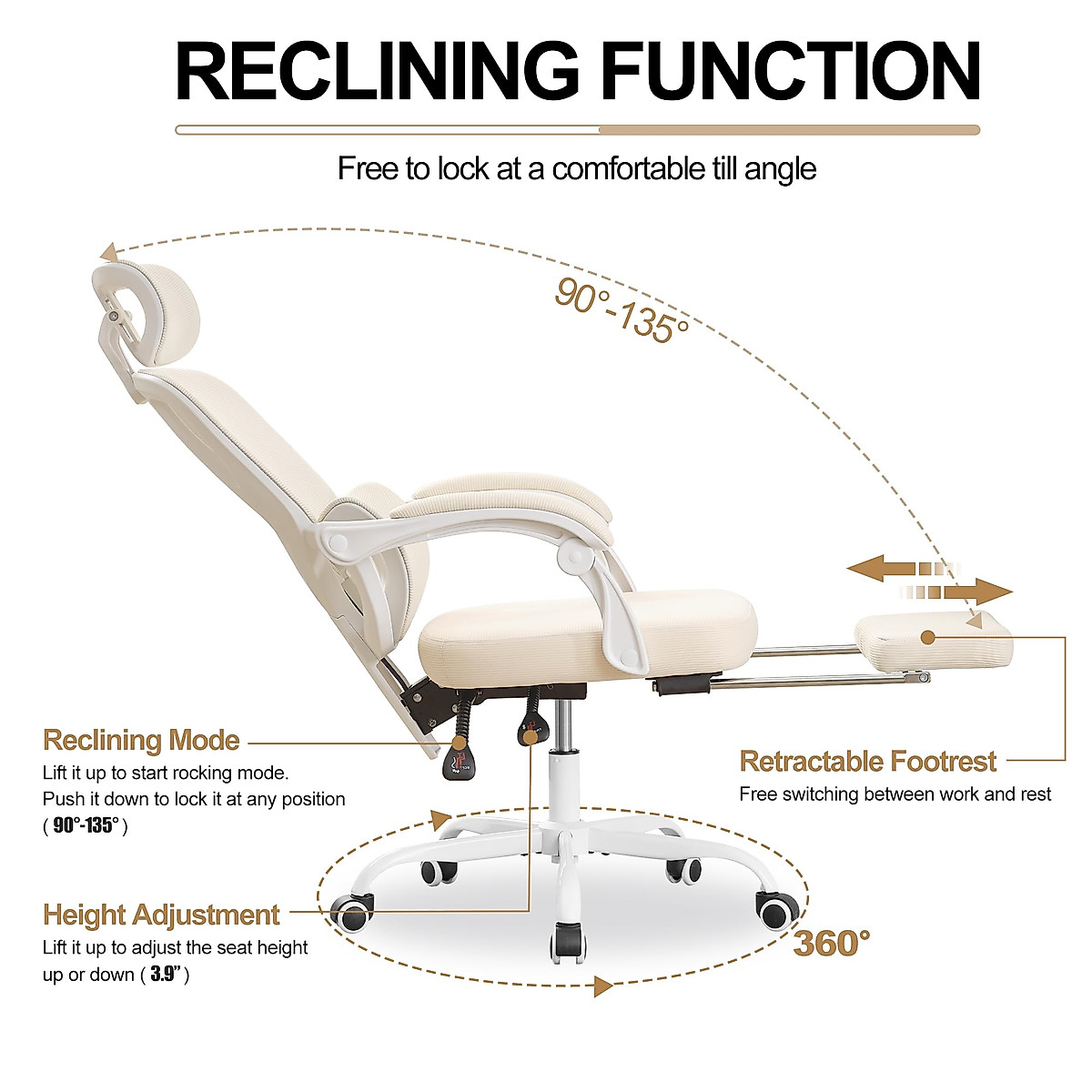 BOWTHY Ergonomic Office Chair with Footrest,Mesh Home Office Desk Chair with Adjustable Lumbar Support & Headrest,90-135 Comfy Reclining Chair,High Back Computer Executive Chair,360 Swivel Task Chair
