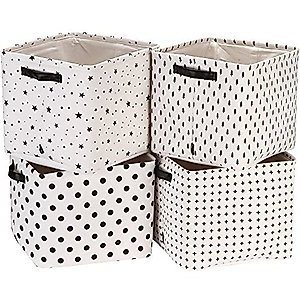 Sea Team Collapsible Canvas Fabric Storage Basket with Handles, Square Storage Box, Cube, Foldable Shelf Basket, Closet, Desk Organizer for Nursery, Home, Office (Black, Set of 4)