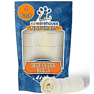K9warehouse® - Beef Cheek Rolls for Dogs - Thick 6 Inch Buffalo Beef Cheek Rolls, Large - Premium Cow Cheek Roll Dog Treats - Rawhide Free Dog Chews Long Lasting - Pack of 4