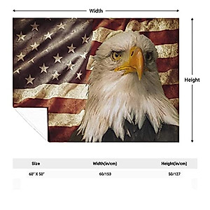 Retro Eagle Flannel Blankets American Flag Fleece Throw Blanket Soft Patriotic Air Conditioning Blanket for Couch Sofa Bed 50"X60"