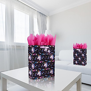 JWSCYSY 12.6" Large Gift Bag with Card and Tissue Paper - Black Pink Unicorn Gift Bag for Girls Birthday.