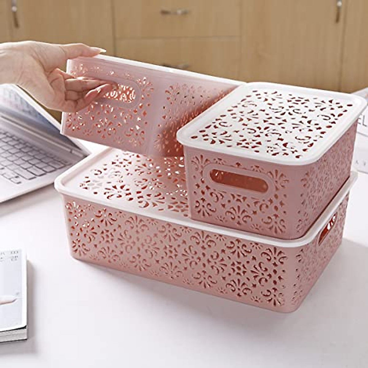 Cabilock Box Storage Basket Pantry Clothes Organizer for Closet Small Storage Bins Underwear Storage Organizer Hollow Storage Drawers for Clothes Stackable Basket Pink Clothing Container