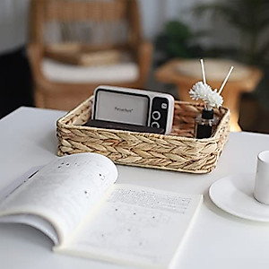 Water Hyacinth Woven Serving Tray Rectangular Hand-Woven Wicker Storage Trays for Coffee/Breakfast/Dessert/Fruit/Bread (Original Color - Large)