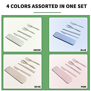 Reusable Utensil Set with Case,Travel Utensil with Chopsticks,Wheat Straw Silverware Including Knife Spoon Fork 4 Sets for Travel Picnic Camping or Daily Use(Green,Beige,Pink,Blue)