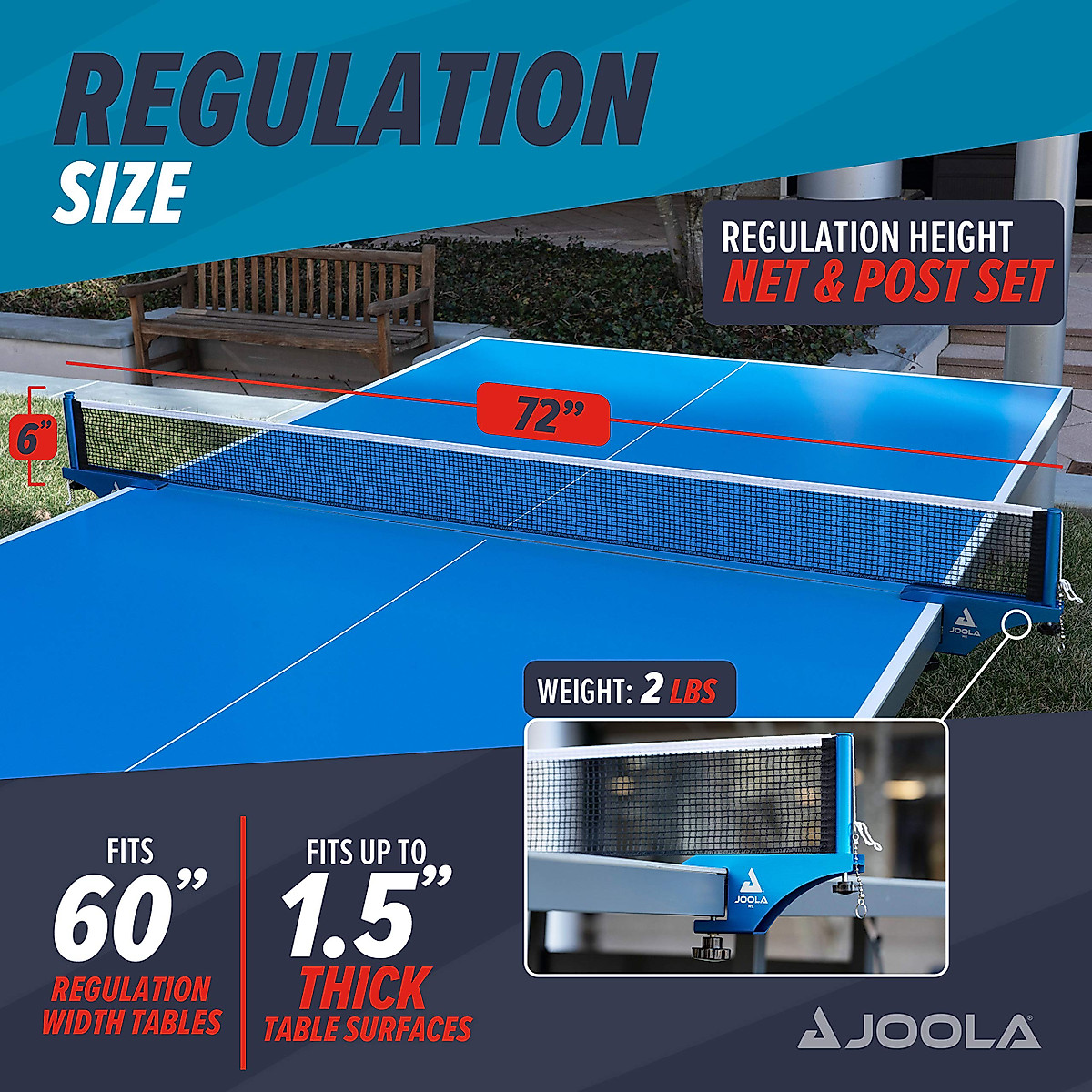 JOOLA Professional Grade WX Aluminum Indoor & Outdoor Table Tennis Net and Post Set - Quick Setup - 72in Regulation Ping Pong Net - Reinforced Cotton Blend Net w/ Adjustable Tensioning System