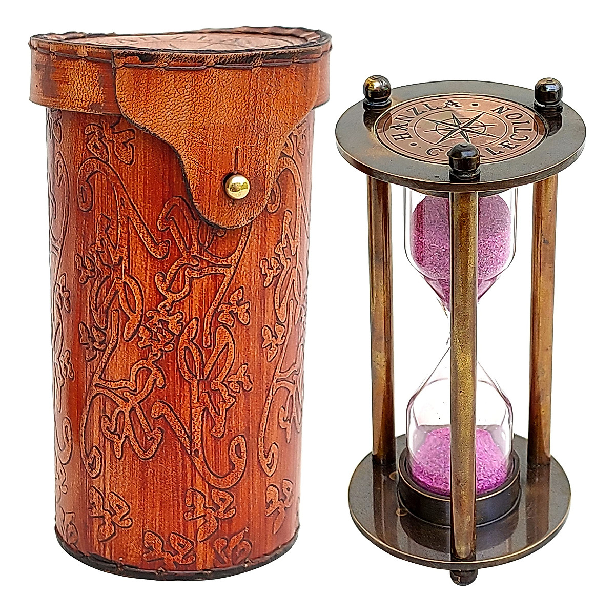 Hanzla Collection 1 Minute Decorative Nautical Vintage Brass Sand Timer with Engraved Leather Case Home Décor, Small Kitchen Sand Clock, Metal Hour Glass Sand Glass for Office Desk