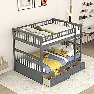 Harper & Bright Designs Full Over Full Wood Bunk Bed with Two Storage Drawers and Ladder, Convertible Storage Bunk Bed Can Be Divided Into Two Full Size Daybeds (Grey)