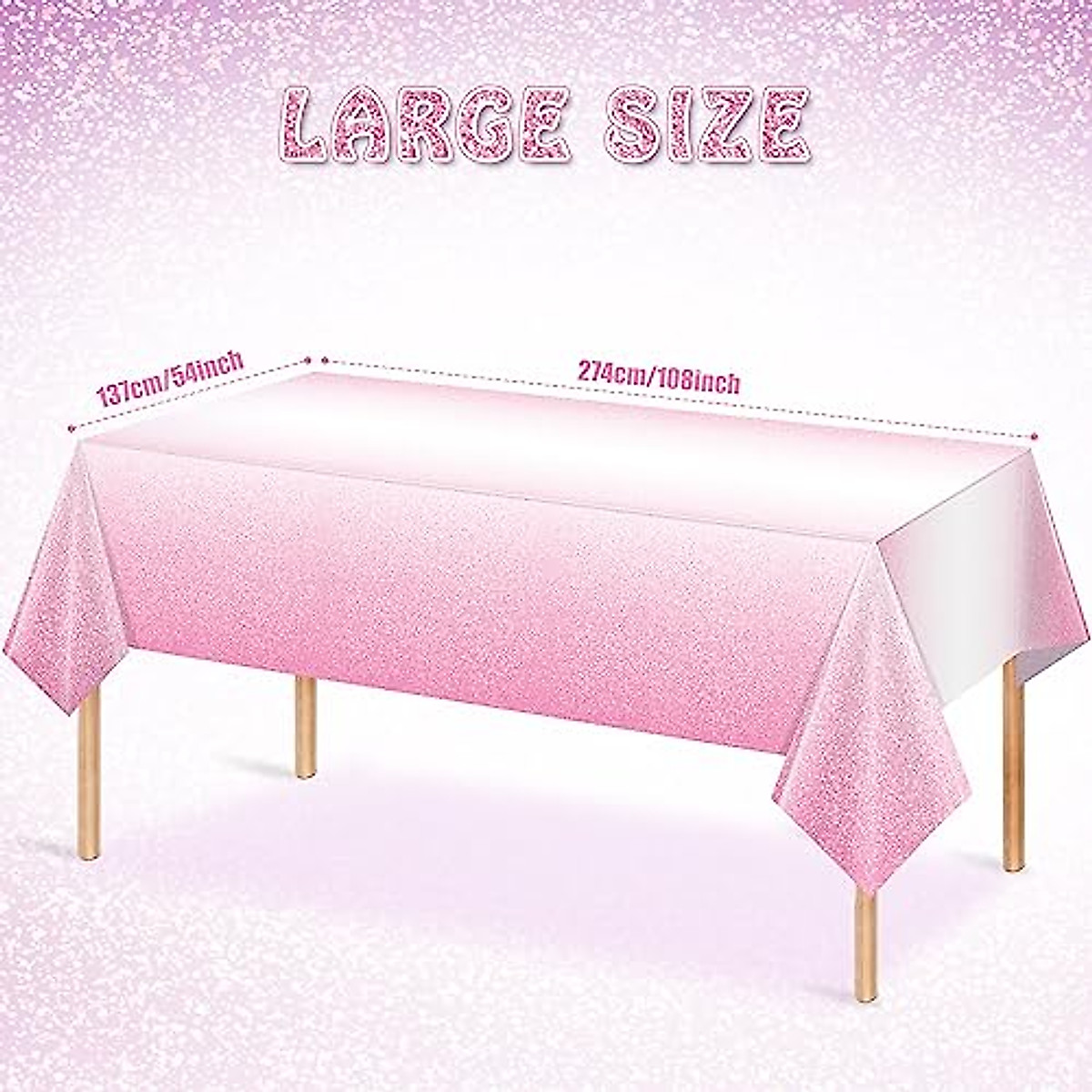 3 Pack Ombre Pink Plastic Tablecloth for Parties, Gradient Pastel Pink Glitter Disposable Tablecloths for Rectangle Tables, Light Pink Sprinkle Table Cover for Wedding Birthday Anniversary, 54x108Inch