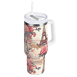 ALAZA Roses Flowers Eiffel Tower 40 oz Tumbler Water Bottle with Straw Lid and Handle,Reusable Insulated Stainless Steel Cup for Women Men Travel Car Cup Holder