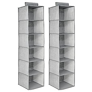 mDesign Long Soft Fabric Over Closet Rod Hanging Storage Organizer with 6 Shelves for Clothes, Leggings, Lingerie, T Shirts - Textured Print with Solid Trim - 2 Pack - Gray