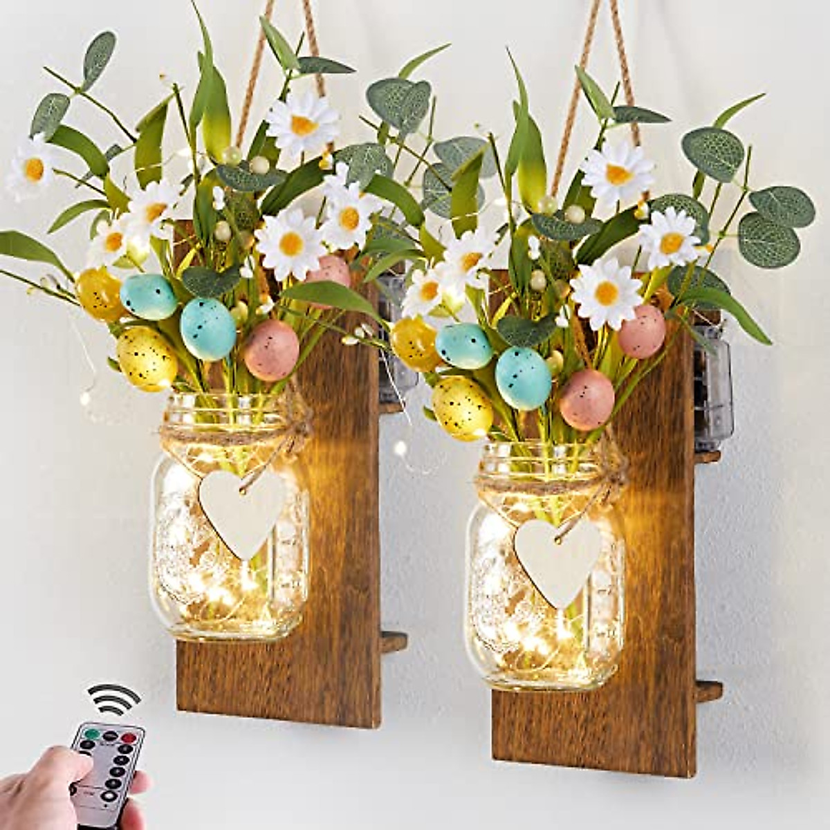 2 PACK Easter Decorations, Party Joy Easter Decor Mason Jar Sconces Rustic Wall Decor for Living Room Bathroom with Remote Control LED Fairy Lights and Artificial Flowers Spring Decorations for Home