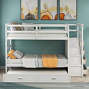 Bunk Bed Twin Over Twin, Bunk Bed with Trundle for Adults, Bunk Bed with Stairs and Storage, Kids Twin Bunk with Drawers(White)