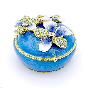 JWT Astyle Orchid Flower Blue Trinket Boxes Hinged Small Jewelry Box with Crystals.Collectible Trinkets Home Gift Enamel Decorative Tiny Keepsake Box Decor Necklace Rings Earrings Organizer.