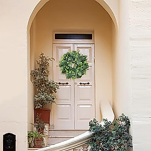 SUNFICON 15'' Small Faux Green Wreath Centerpiece Artificial Eucalyptus Leaf Boxwood Wreath Door Welcome Wedding Wreath Wall Window Farmhouse Home Decoration Indoor Outdoor Spring Summer All Seasons