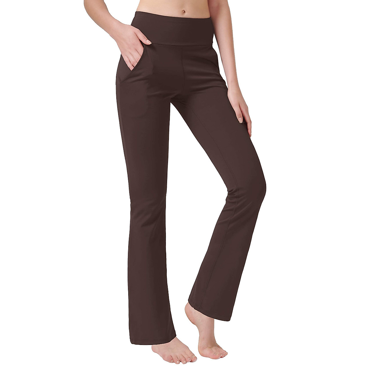 nuveti Women's High Waisted Boot Cut Yoga Pants 4 Pockets Workout Pants Tummy Control Women Bootleg Work Pants Dress Pants (Brown, Large)