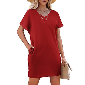 Amoretu Travel Tresses for Women 2024 V Neck Short Sleeve Dresses Solid Cute Dresses Ladies L Red