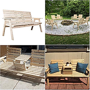 Kdgarden Cedar/Fir Log Wood Patio Garden Bench with Foldable Table, Outdoor Wooden Porch 3-Seat Bench Chair for Garden Balcony Patio Backyard, Natural Finish