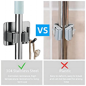 Mop Broom Holder No Drill StainlessSteel, Mop Broom Organizer Wall Mounted Heavy Duty with Hooks Hanger,Anti-Slip Adhesive Hook Broom Holder Wall Mount，Self Adhesive 4Pcs for Bathroom, Kitchen, Office