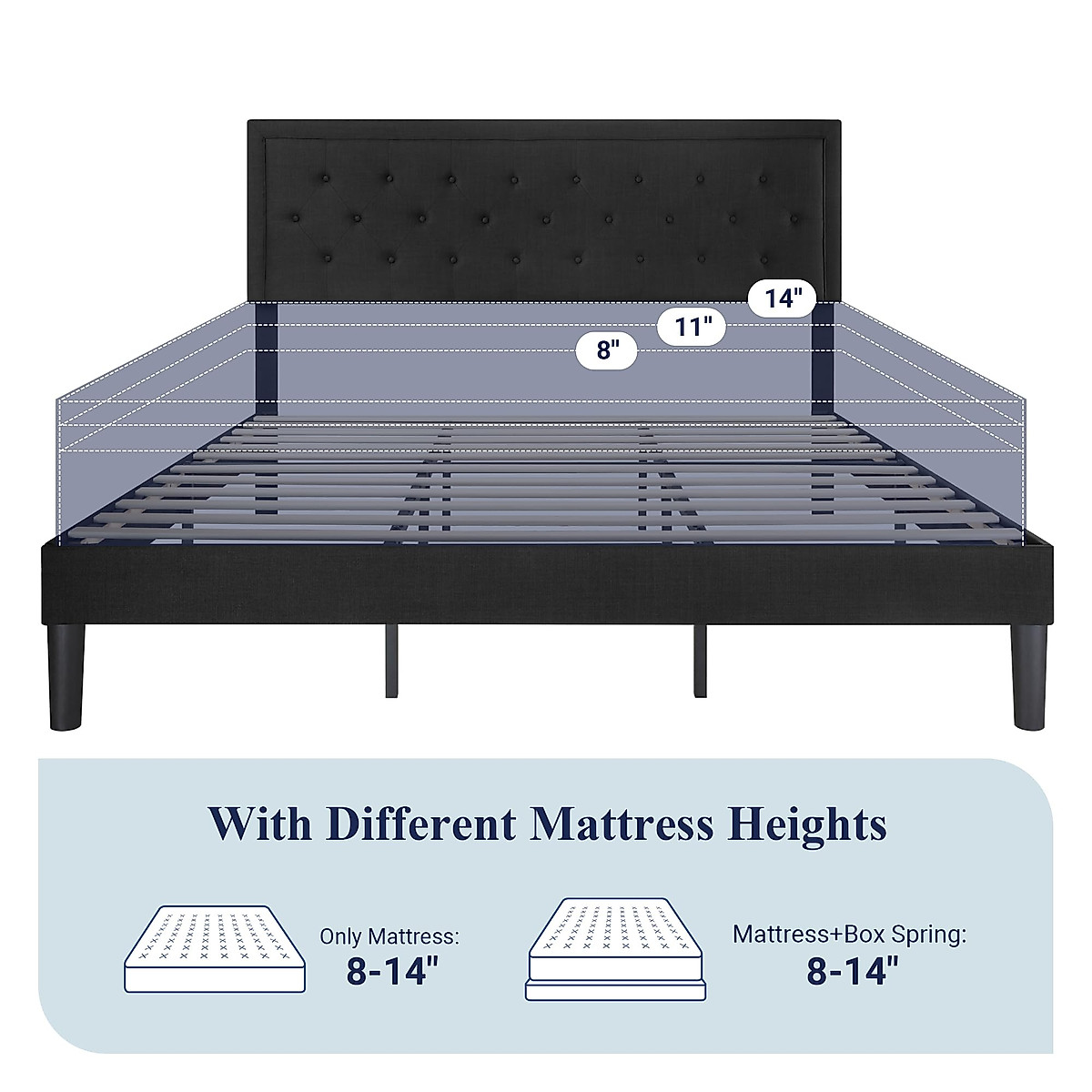 Allewie King Size Bed Frame Upholstered Platform Bed with Adjustable Headboard, Button Tufted, Wood Slat Support, Easy Assembly, Black