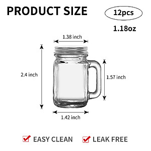eispap Mini Mason Jar with Handles,1.7oz/50ml,Premium Shot Glasses with Leakproof Lids for Drink,Dessert,Condiments,Jams,Candle,Craft (12)